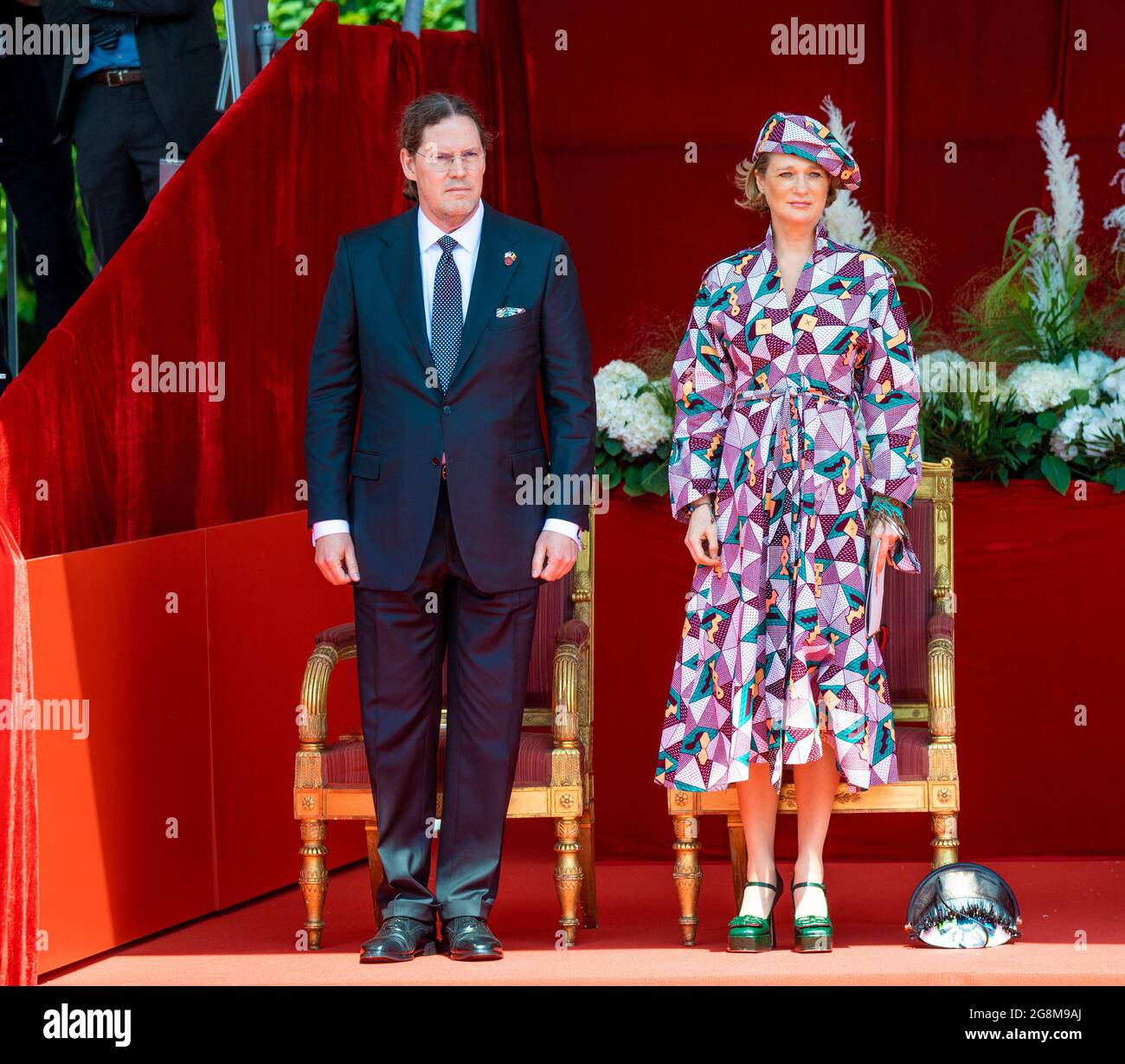 Princess Delphine of Belgium and her husband James O'Hare attending celebrations for Belgian ...