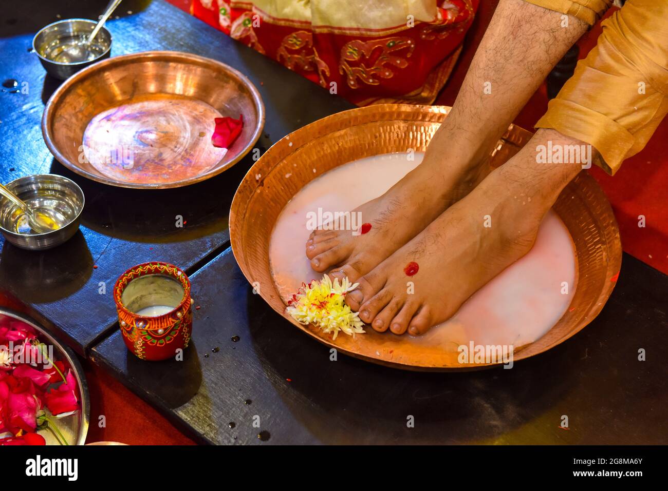 Close up of a traditional celebration of a rings ceremony in India ...