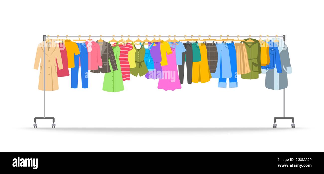Women clothes on long rolling hanger rack. Many different garments ... Women clothes on long rolling hanger rack. Many different garments ...