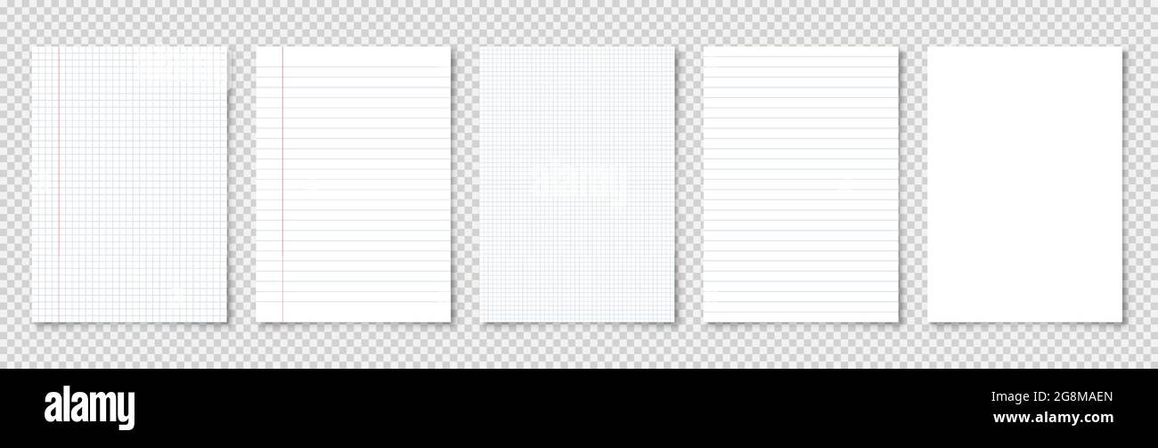Realistic blank lined paper sheets in A4 format on transparent ...