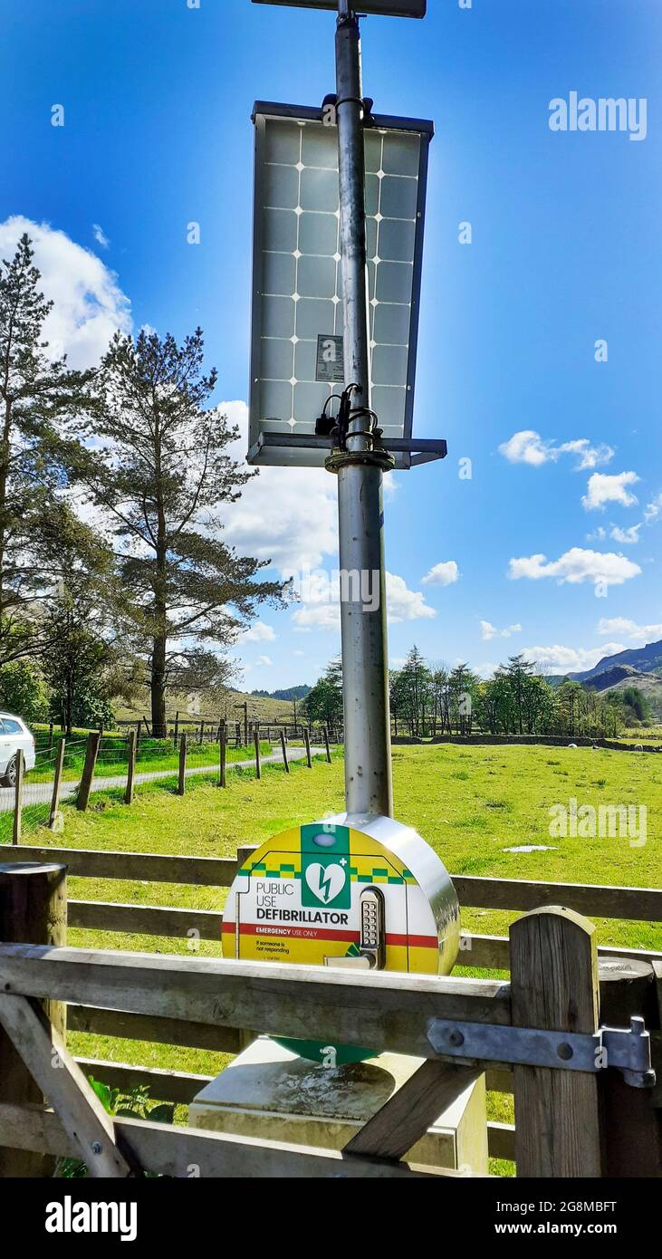 A solar powered defibrilator at Cockley Beck, Lake District, UK Stock ...