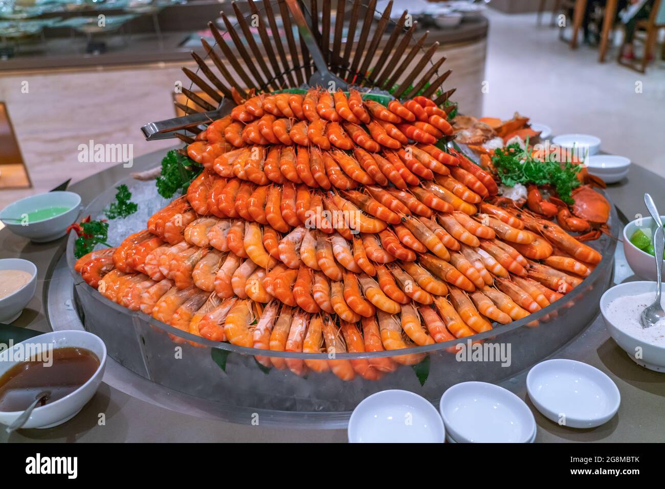 Boiled Shrimps tower in buffet restaurant Stock Photo - Alamy