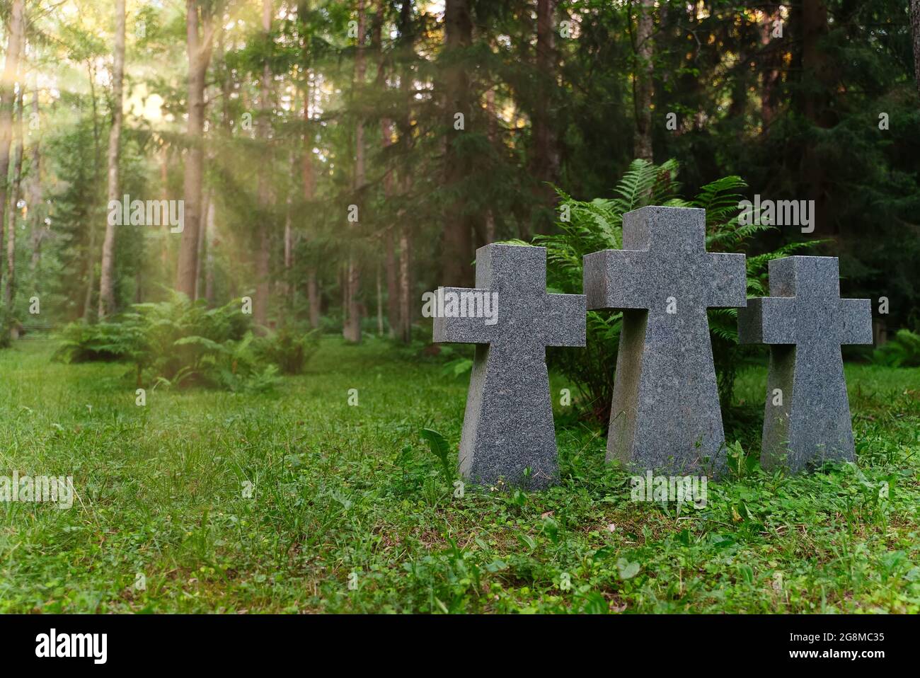 Three stone crosses in a cemetery in the forest Stock Photo - Alamy