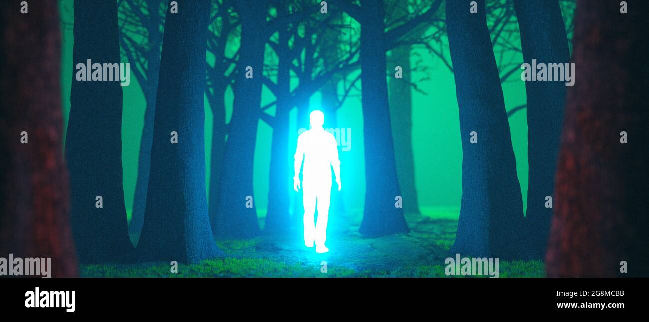 a mysteriously glowing figure in the forest at night(3d rendering Stock ...