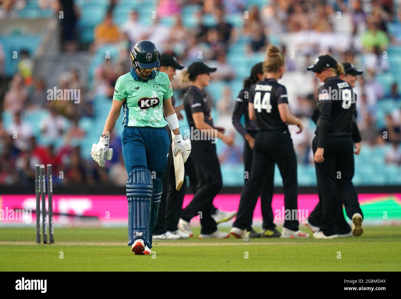 Oval Invincibles' Grace Gibbs reacts upon her dismissal during The ...