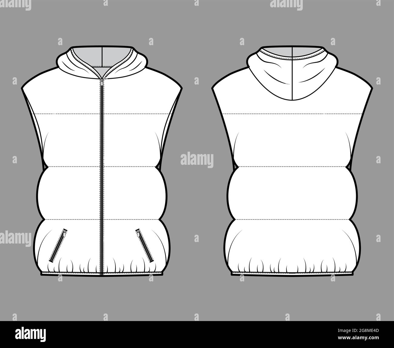 Down vest puffer waistcoat technical fashion illustration with hoody ...