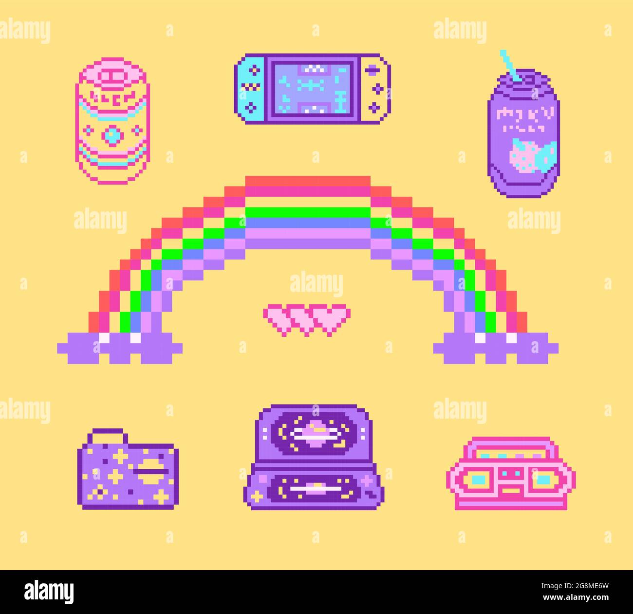 Pixel art 8 bit objects. Retro digital game assets. Set of Pink fashion icons. Vintage girly ...