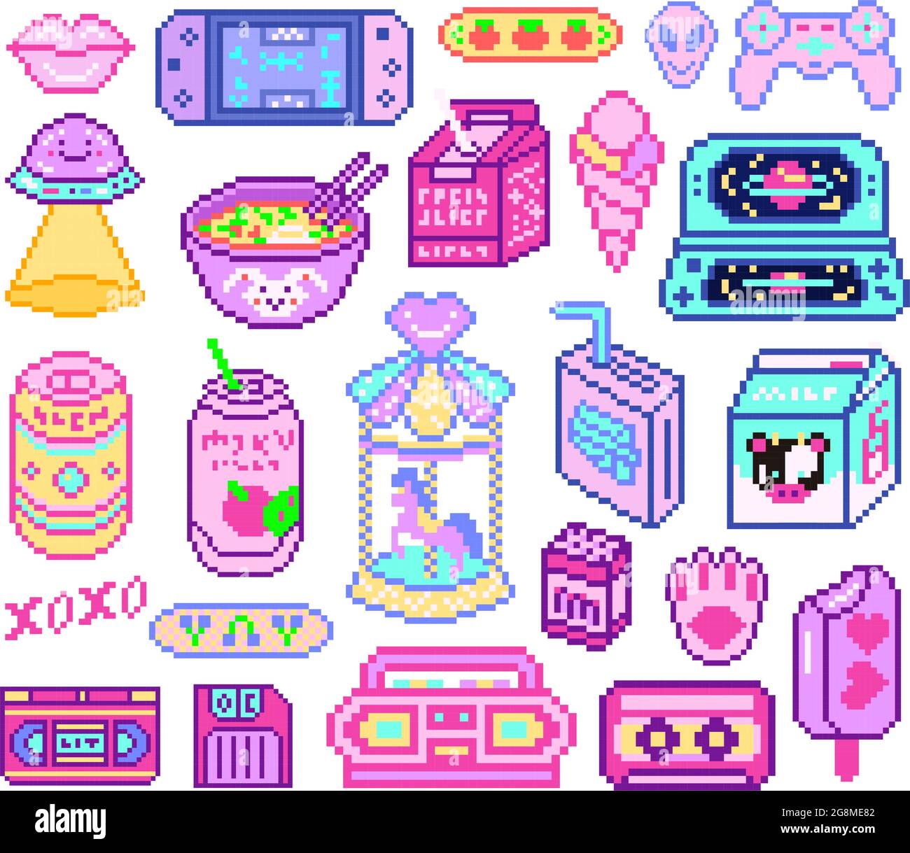 Pixel art 8 bit objects. Retro digital game assets. Set of Pink fashion icons. Vintage girly ...
