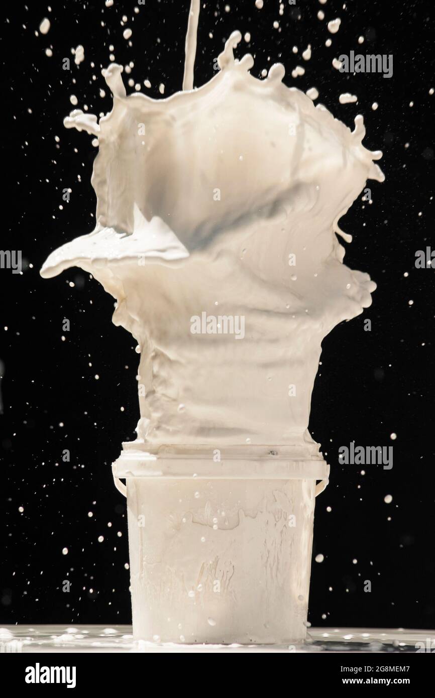 Splashing paint from a can. White paint splashing out of plastic can on ...