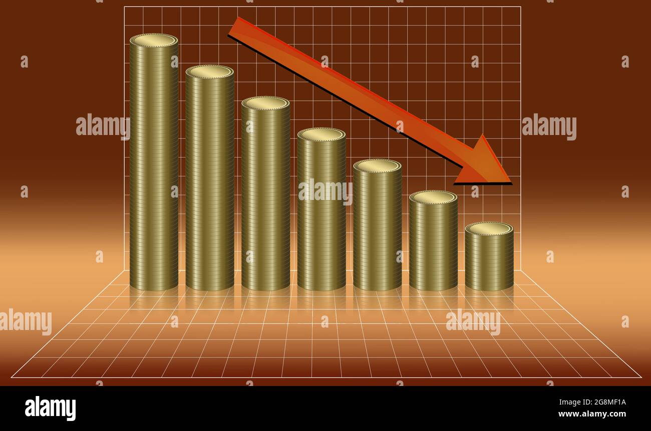 Computer-generated vector illustration of graph with plain gold coins against a graduated red ...