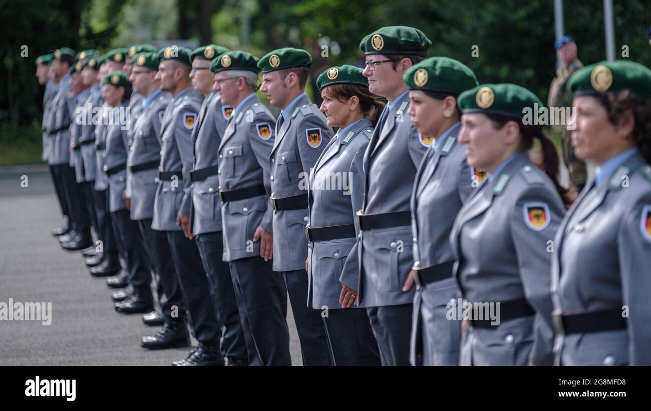 Nienburg, Germany. 20th July, 2021. Reserve soldiers stand at their ...