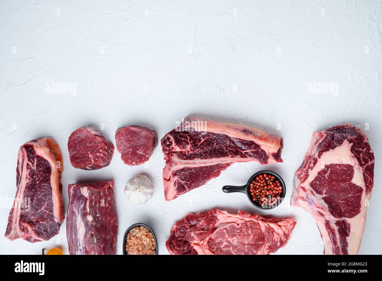 Raw beef meat steaks set, tomahawk, t bone, club steak, rib eye and ...