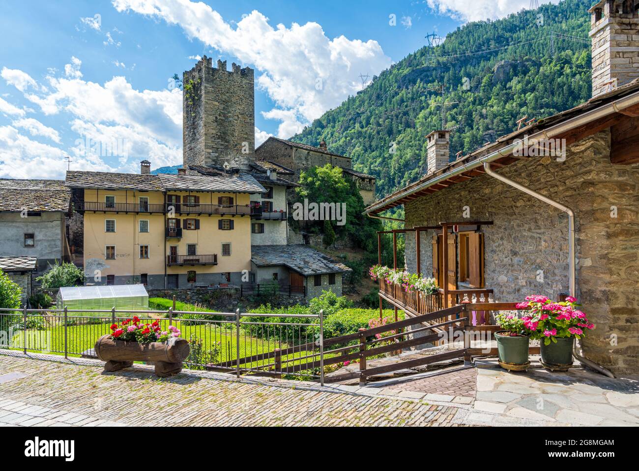 The beautiful village of Avise on a sunny summer morning. Aosta Valley ...