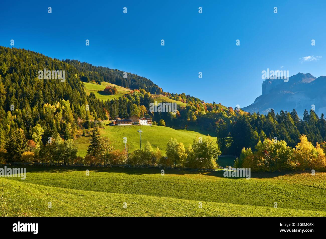 Stunning alpine Landscape at sautumn sunny day. Alpine meadow and road ...