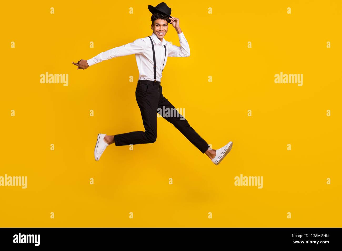 Full length photo portrait of african american man running taking off ...