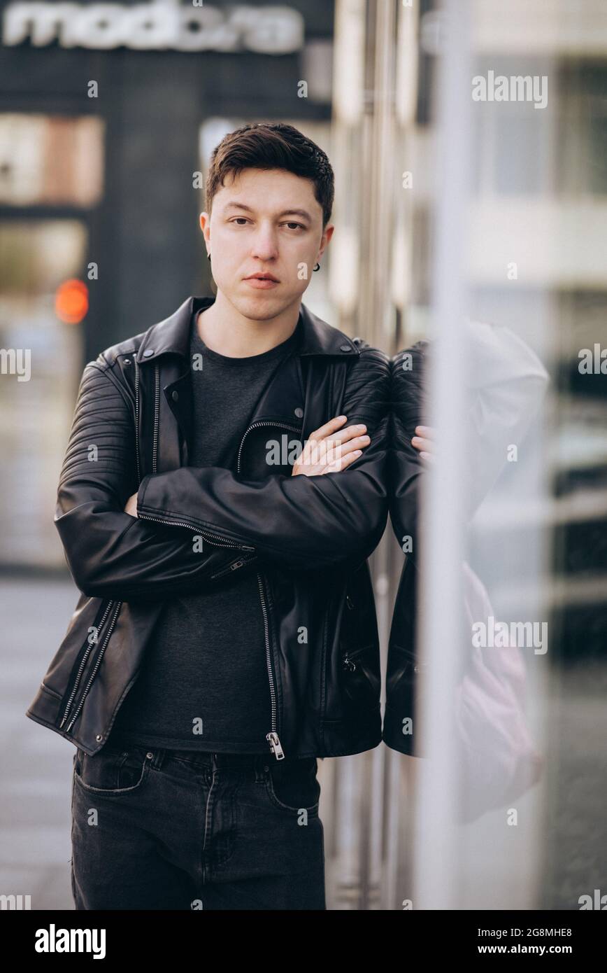 Portrait of man look around. Stylish clothing wear Stock Photo - Alamy