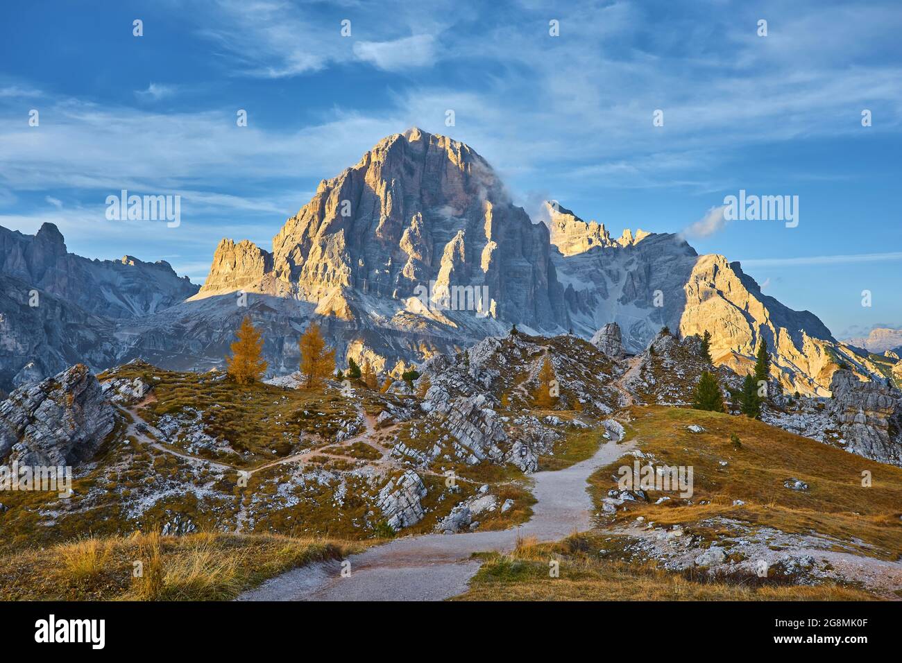 View of Tofane mountains seen from Falzarego pass in an autumn ...