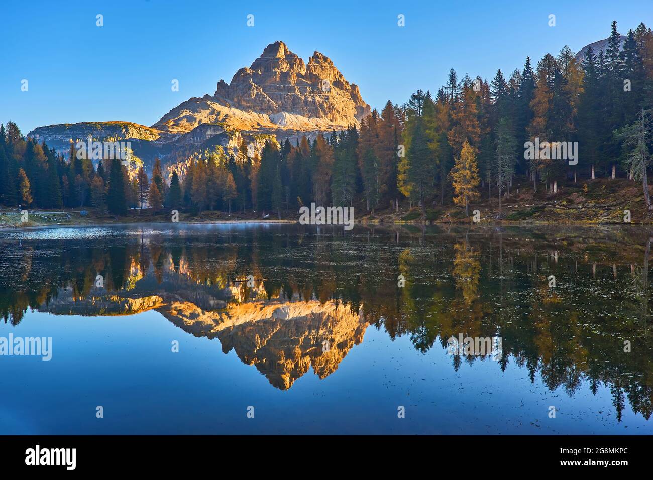 Morning view of Lago Antorno, Dolomites, Lake mountain landscape with ...