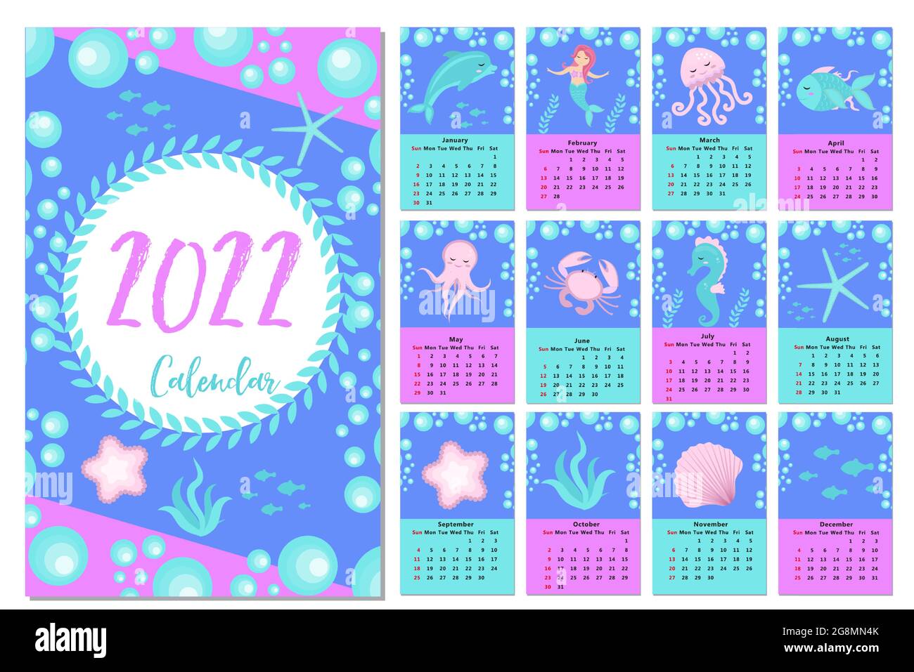 Calendar 2022 Cute set Little mermaid and underwater world. Vector ...