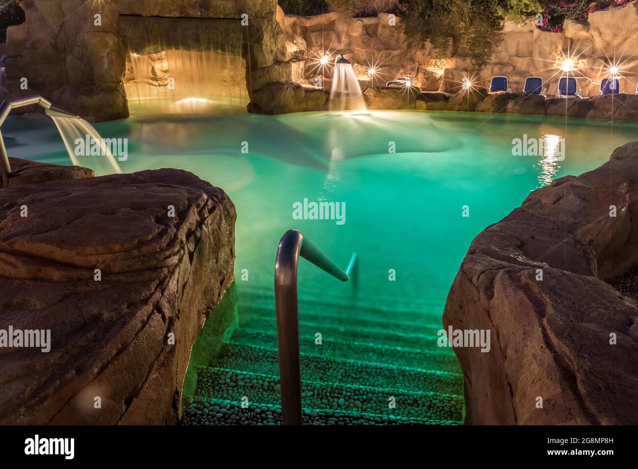 Evening view for luxury swimming pool in night illumination Stock Photo ...