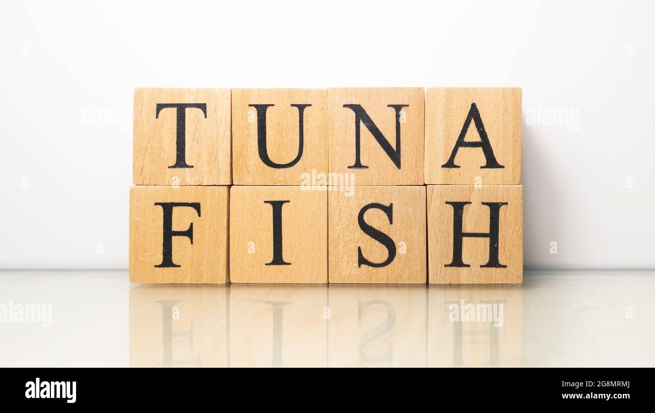 Tuna phrase created from wooden letter cubes. Seafood and food. close ...