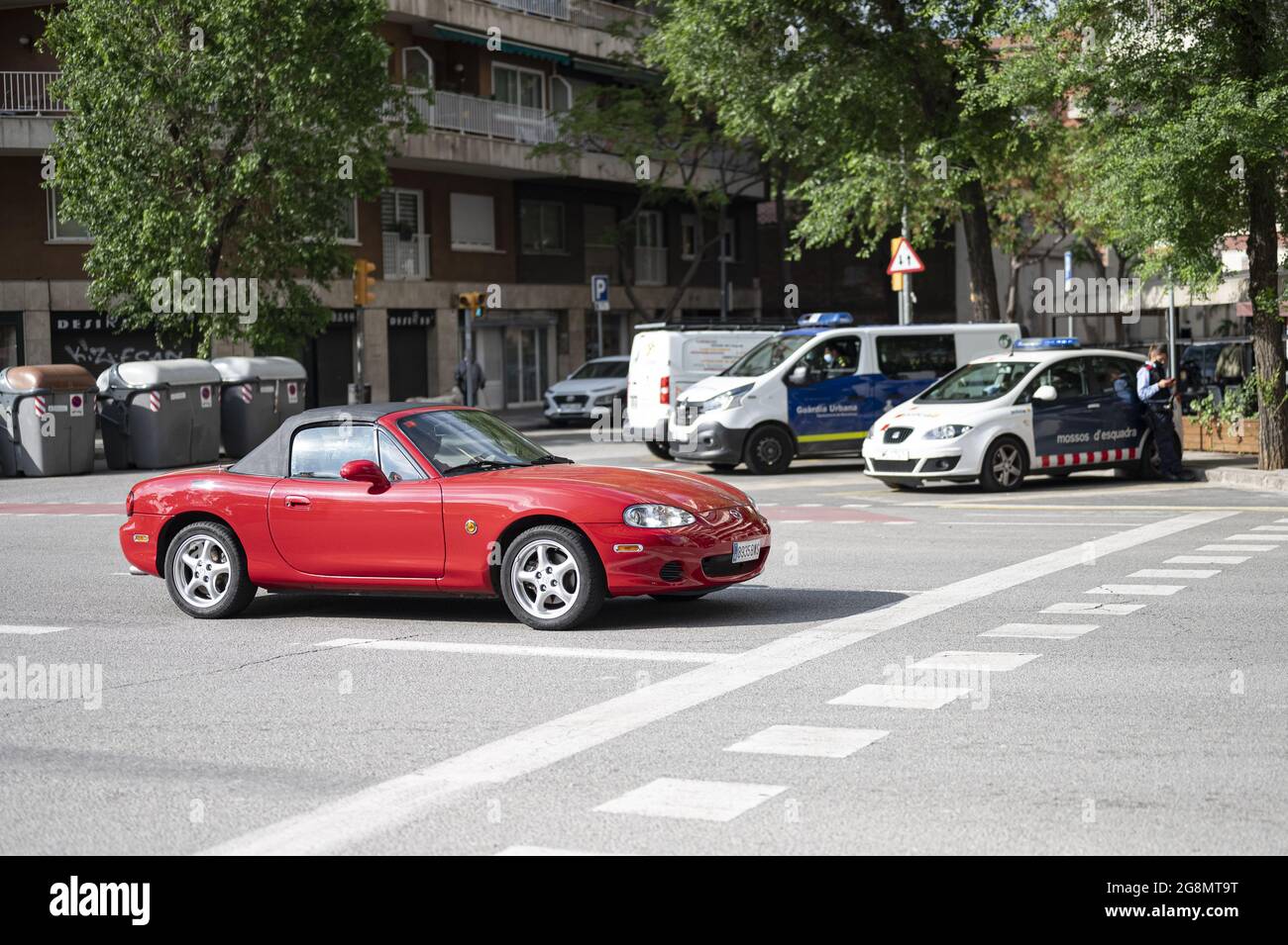 BARCELONA, SPAIN - Jun 21, 2021: A small red Mazda MX-5 convertible ...