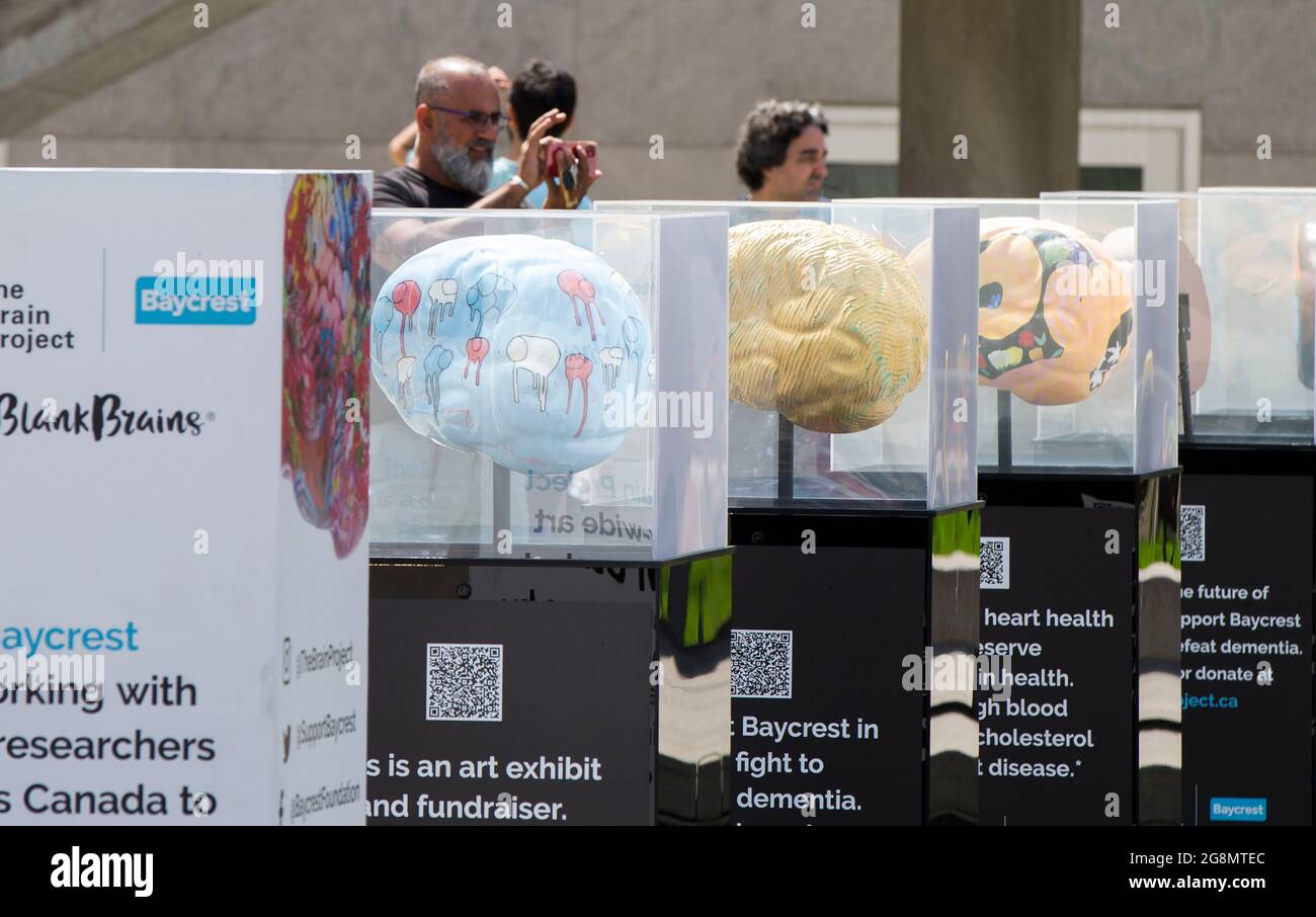 Toronto, Canada. 21st July, 2021. People look at brain sculptures at ...