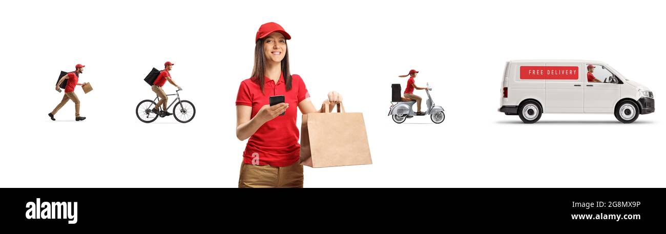 Fast food delivery service workers transporting food isolated on white ...