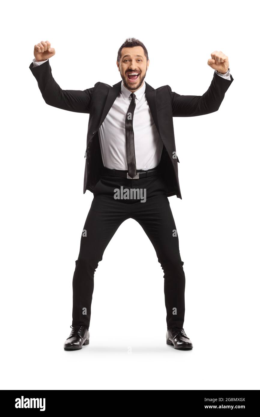 Full length portrait of an excited businessman shouting and gesturing ...