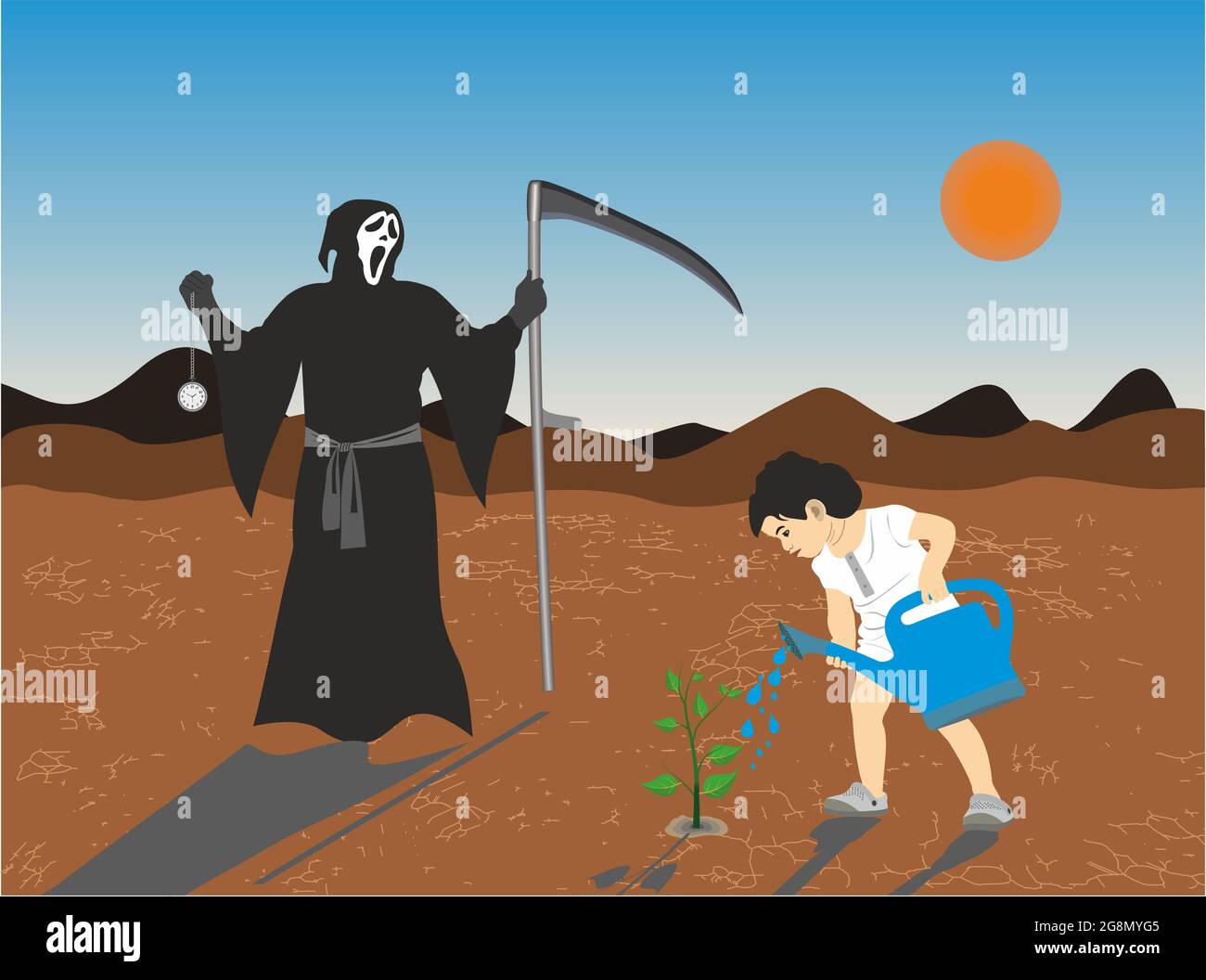Digital illustration of the grim reaper going after a child watering a ...
