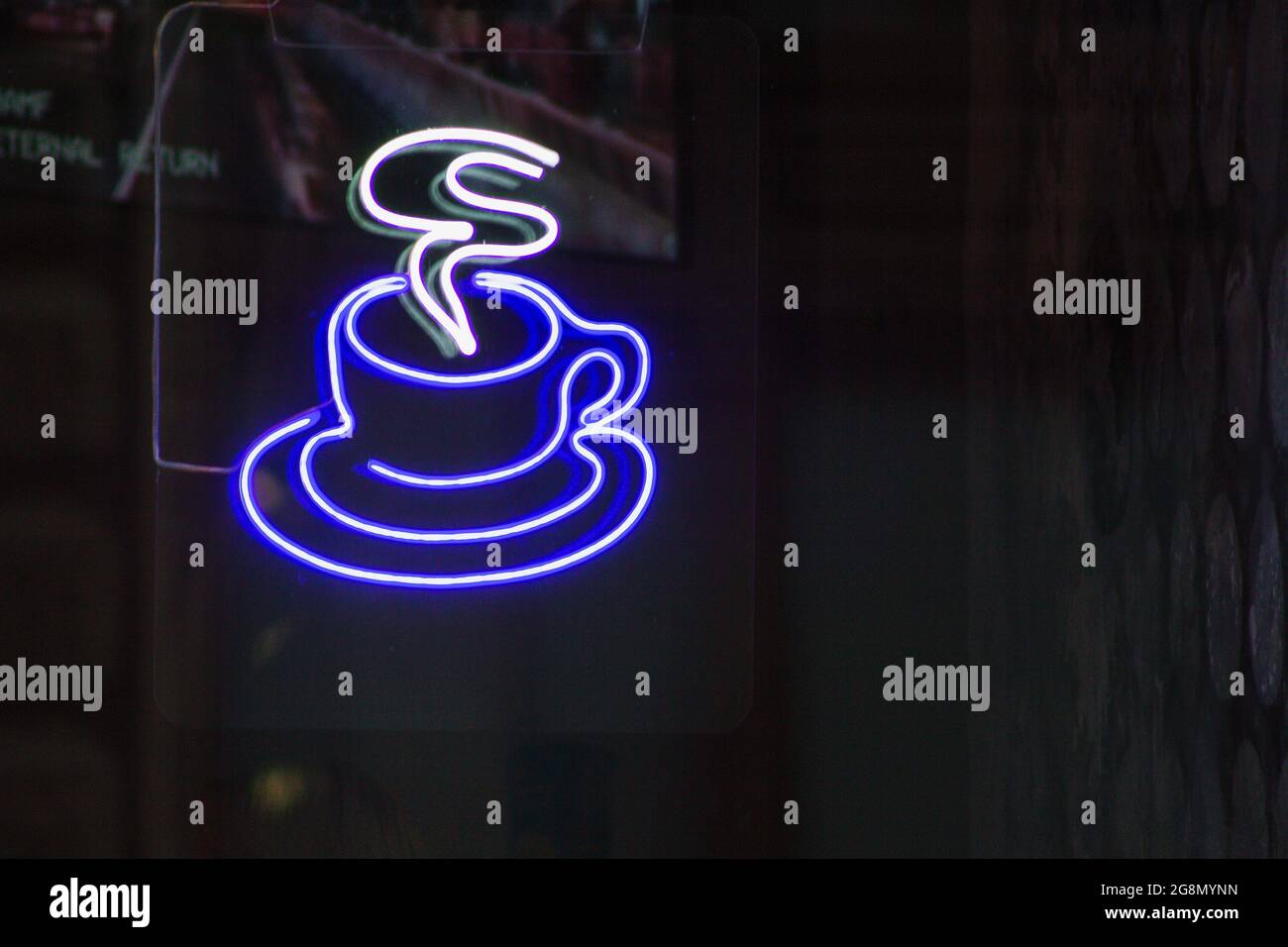 neon sign cup coffee showcase window cafe Stock Photo - Alamy