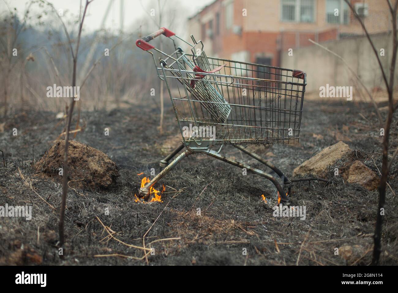 The supermarket cart is on fire. A grocery basket caught fire in the ...