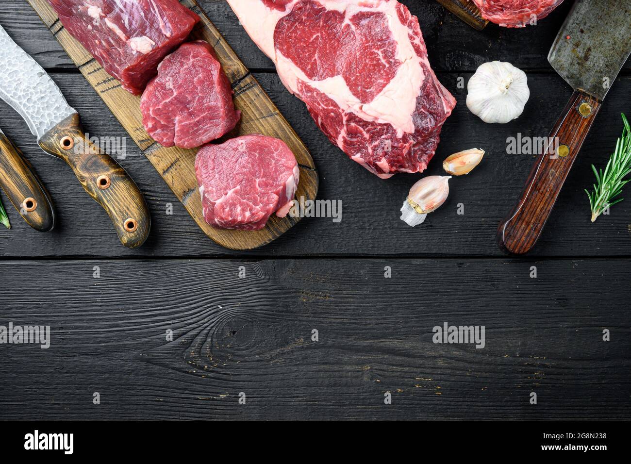 Marbled beef meat steak cut set, tomahawk, t bone, club steak, rib eye ...