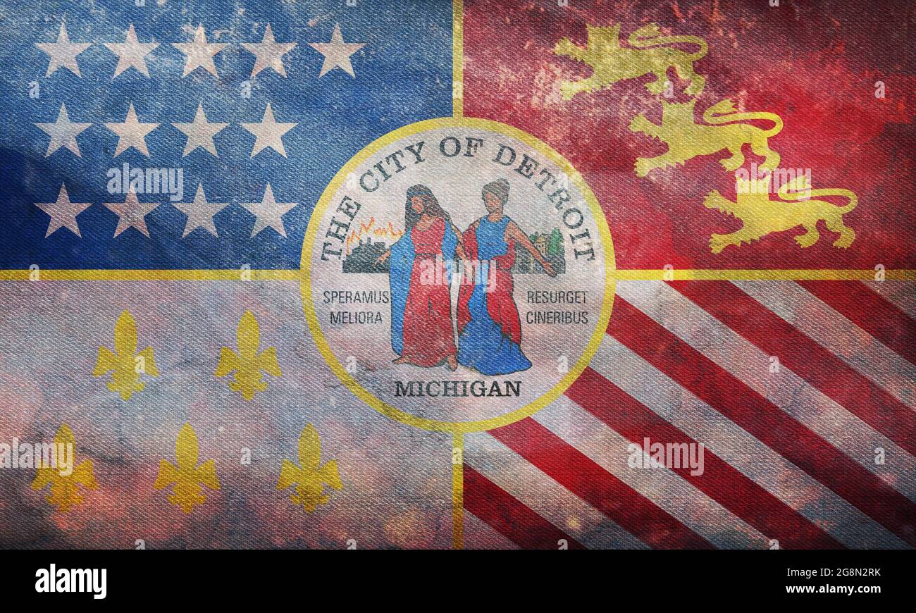 Top view of retro flag of Detroit with grunge texture. Flag background ...