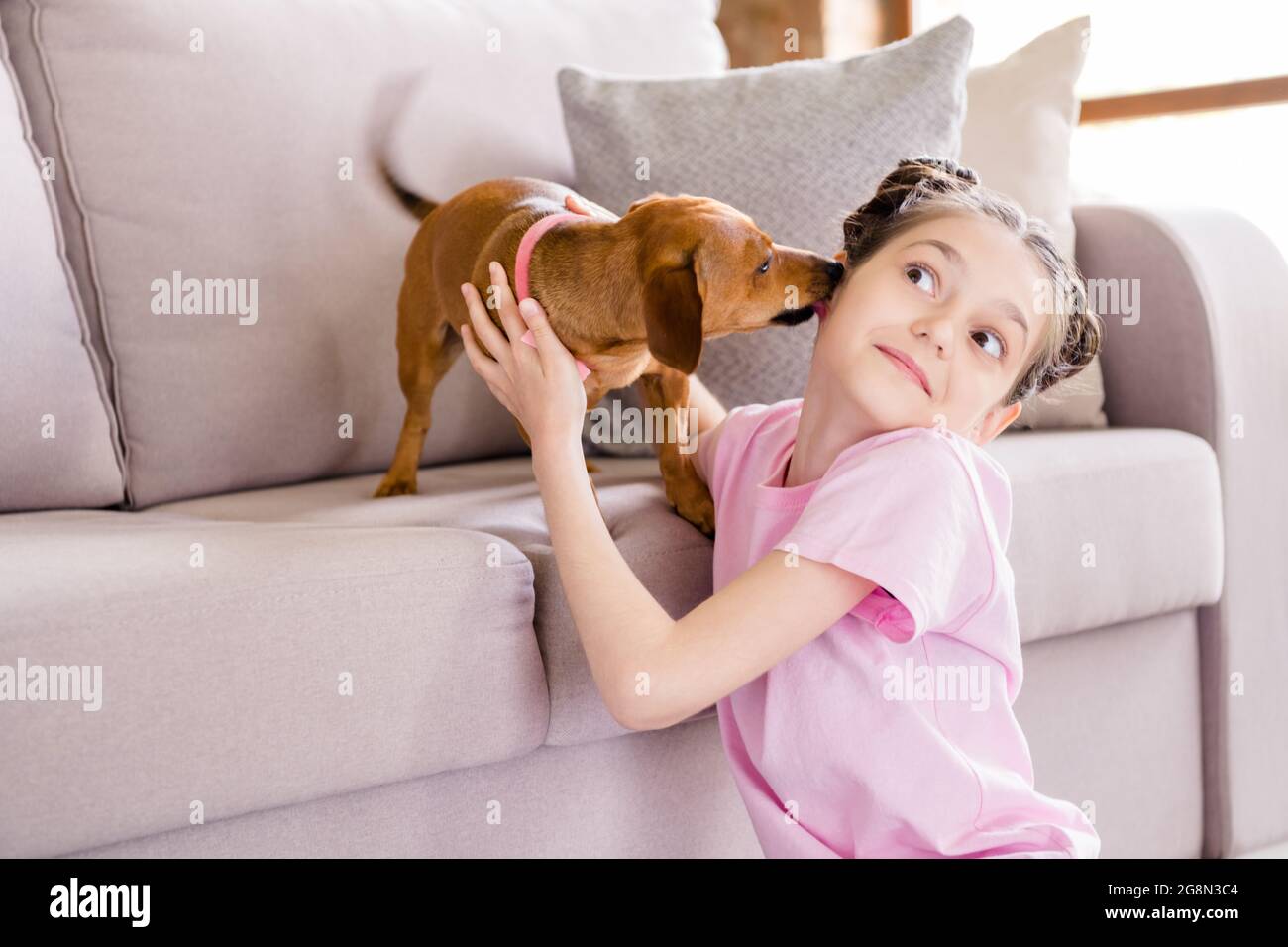 Portrait of attractive cheery funny preteen girl playing with doggy ...