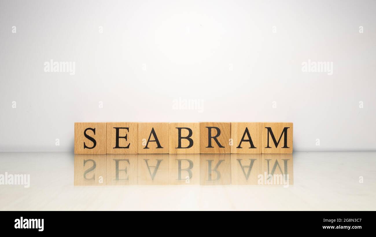 The name Seabram was created from wooden letter cubes. Seafood and food ...