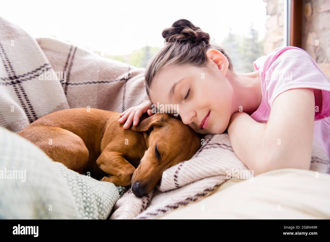 Photo of dreamy charming schoolgirl dressed pink t-shirt closed eyes ...