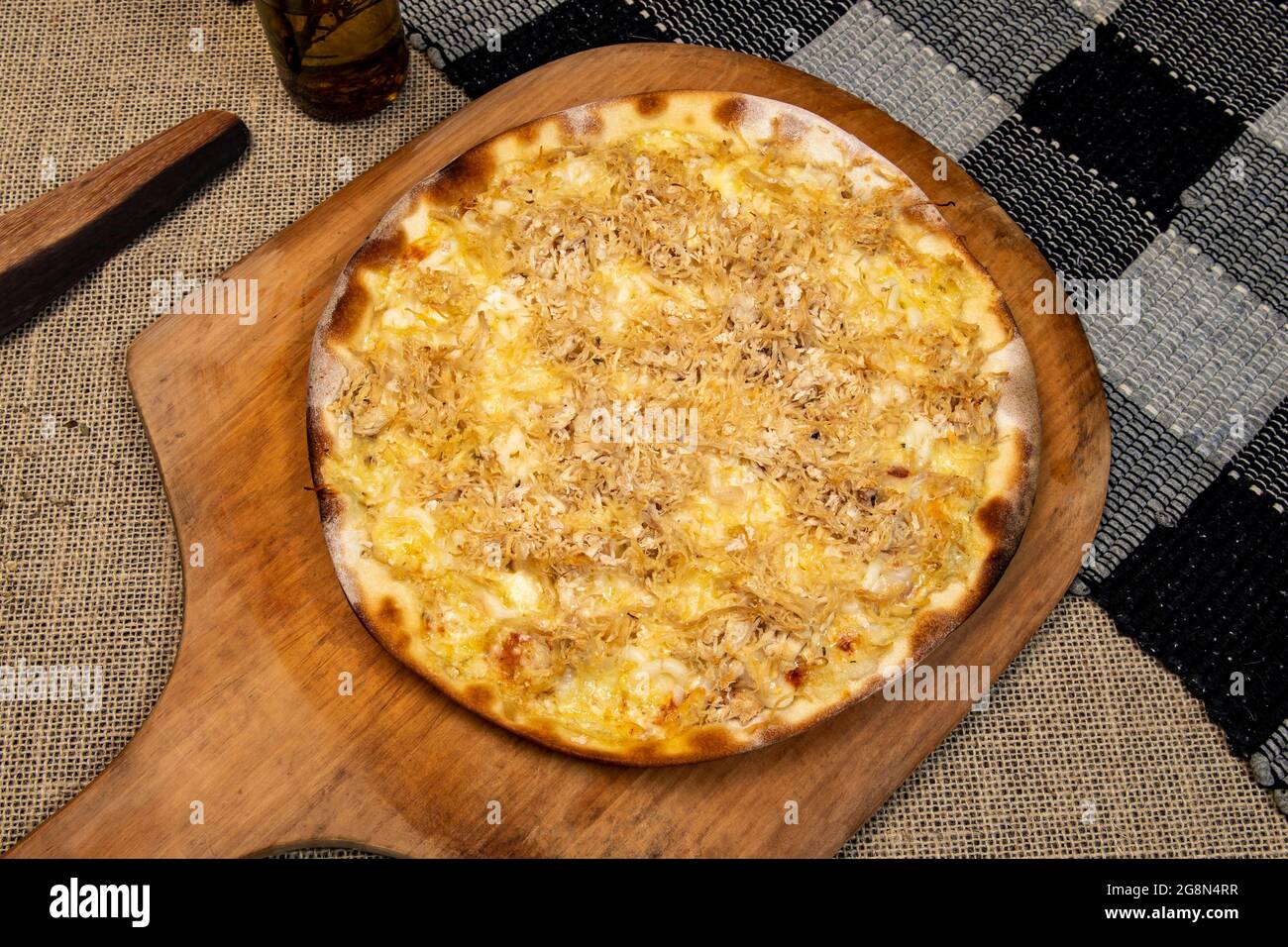 Brazilian Shredded chicken pizza with cream cheese, top view Stock ...