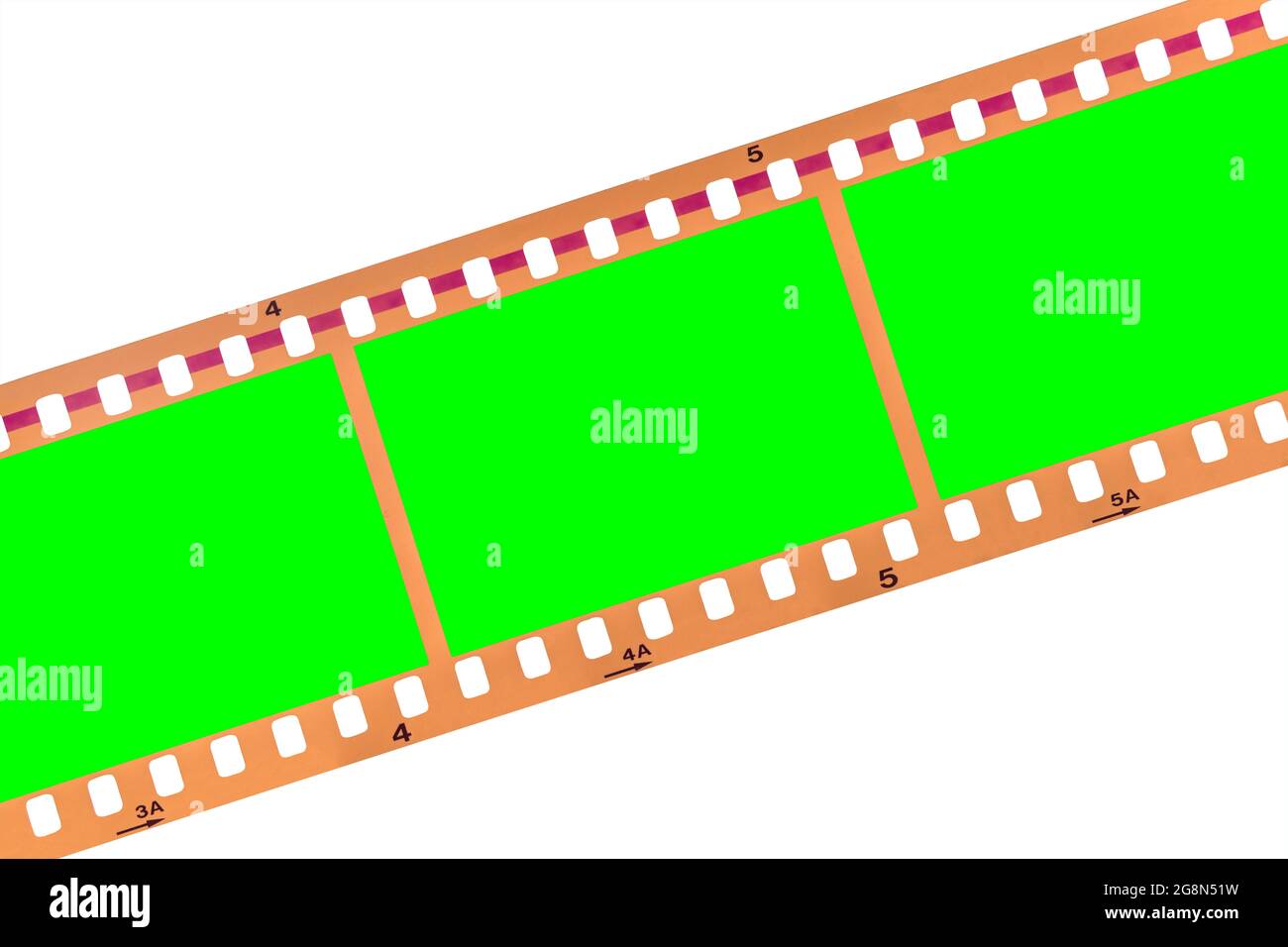 Close up of vintage film strip isolated on white with chroma green ...