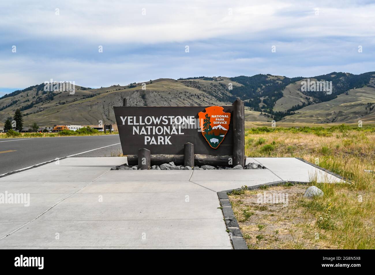 Yellowstone NP, WY, USA - August 8, 2020: A welcoming signboard at the ...