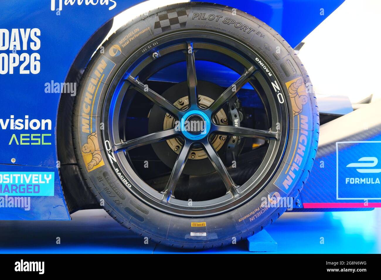 Close-up of an Envision Virgin E racing car tyre. A model was displayed ...