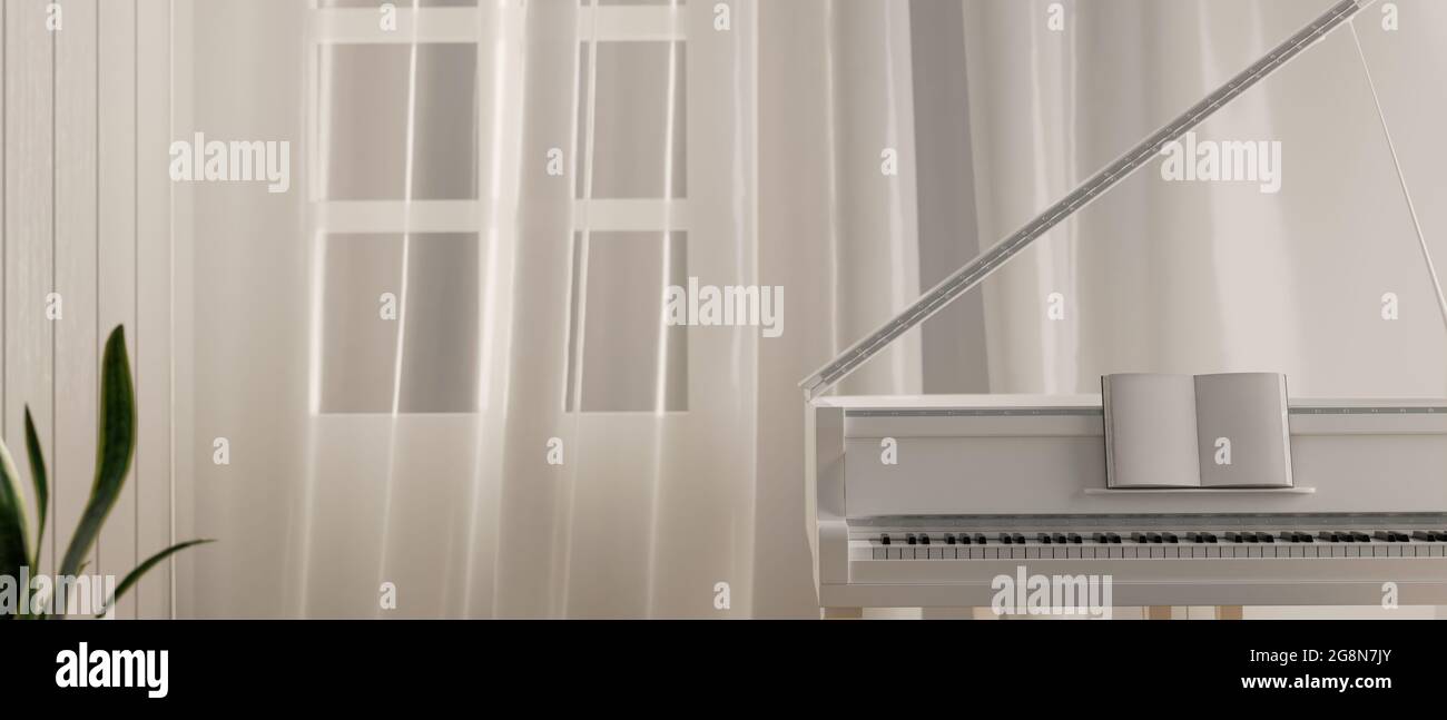 Piano room, grand piano in white standing close the window with white ...