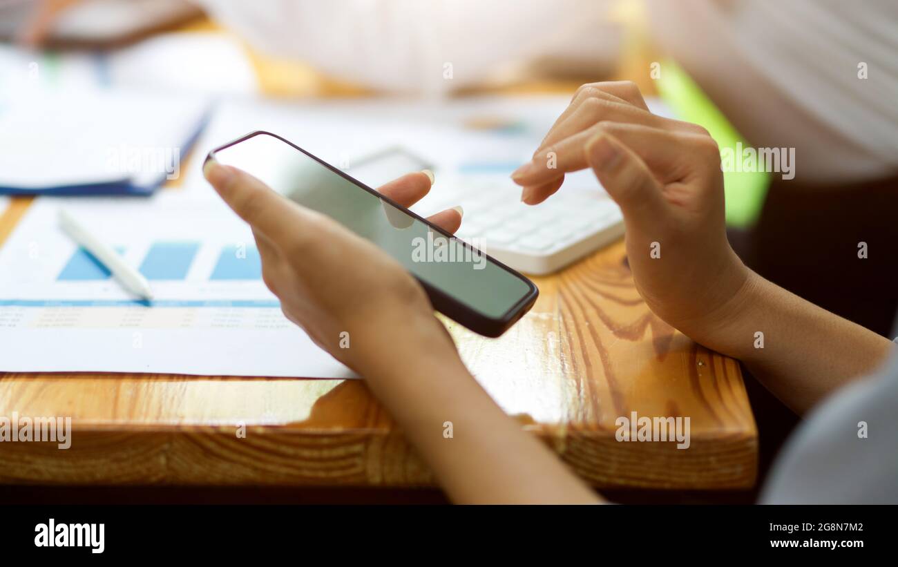 Female texting, touching, using, browsing, contacting on smartphone ...