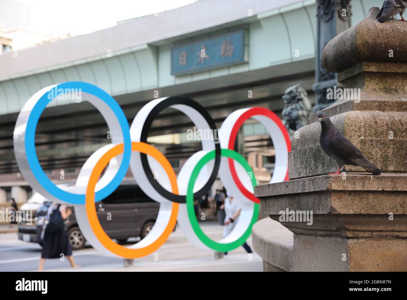 Tokyo, Japan. 21st July, 2021. View of the Olympic Rings installation ...