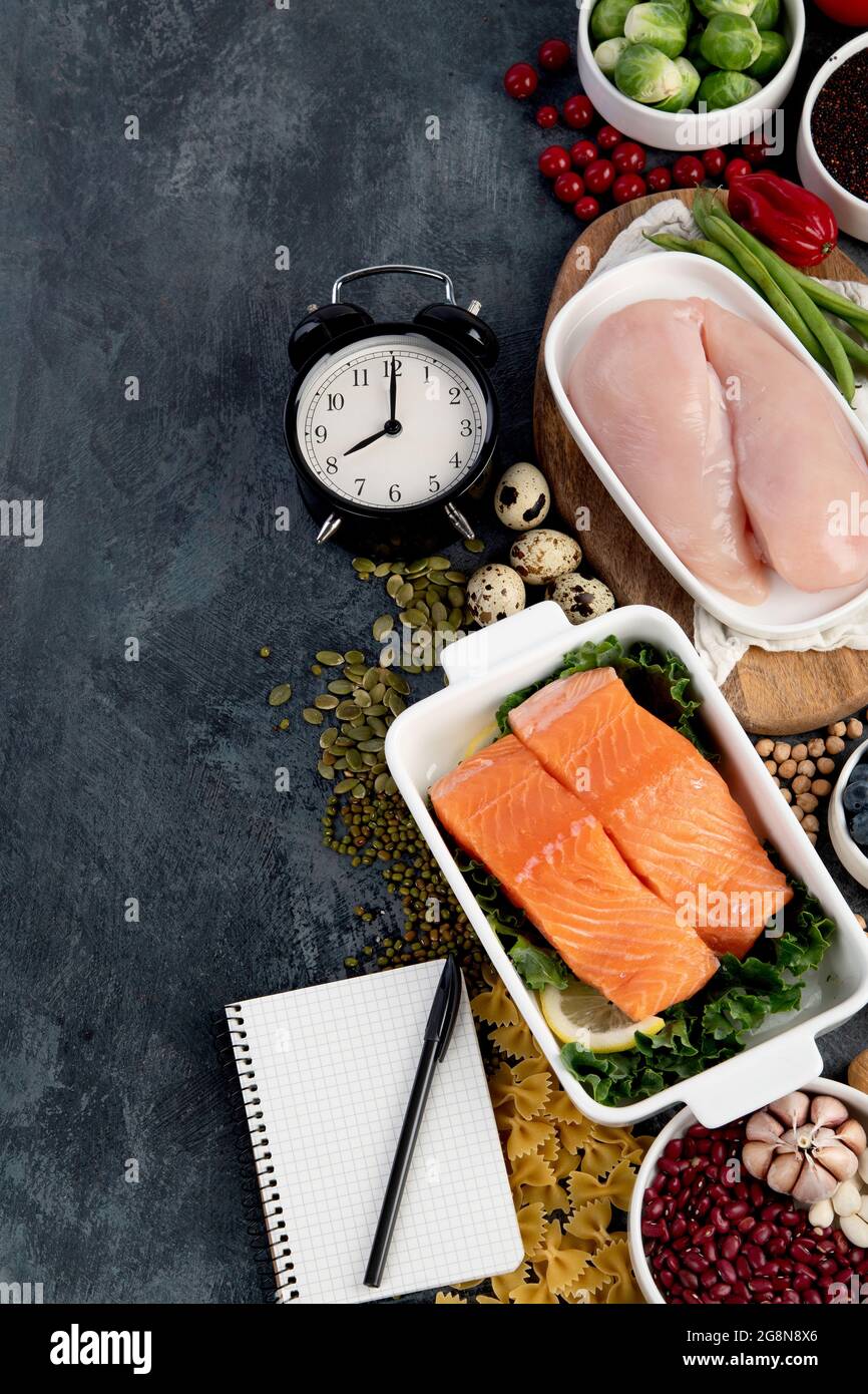Healthy eating plan. Diet and meal planning on dark gray background ...