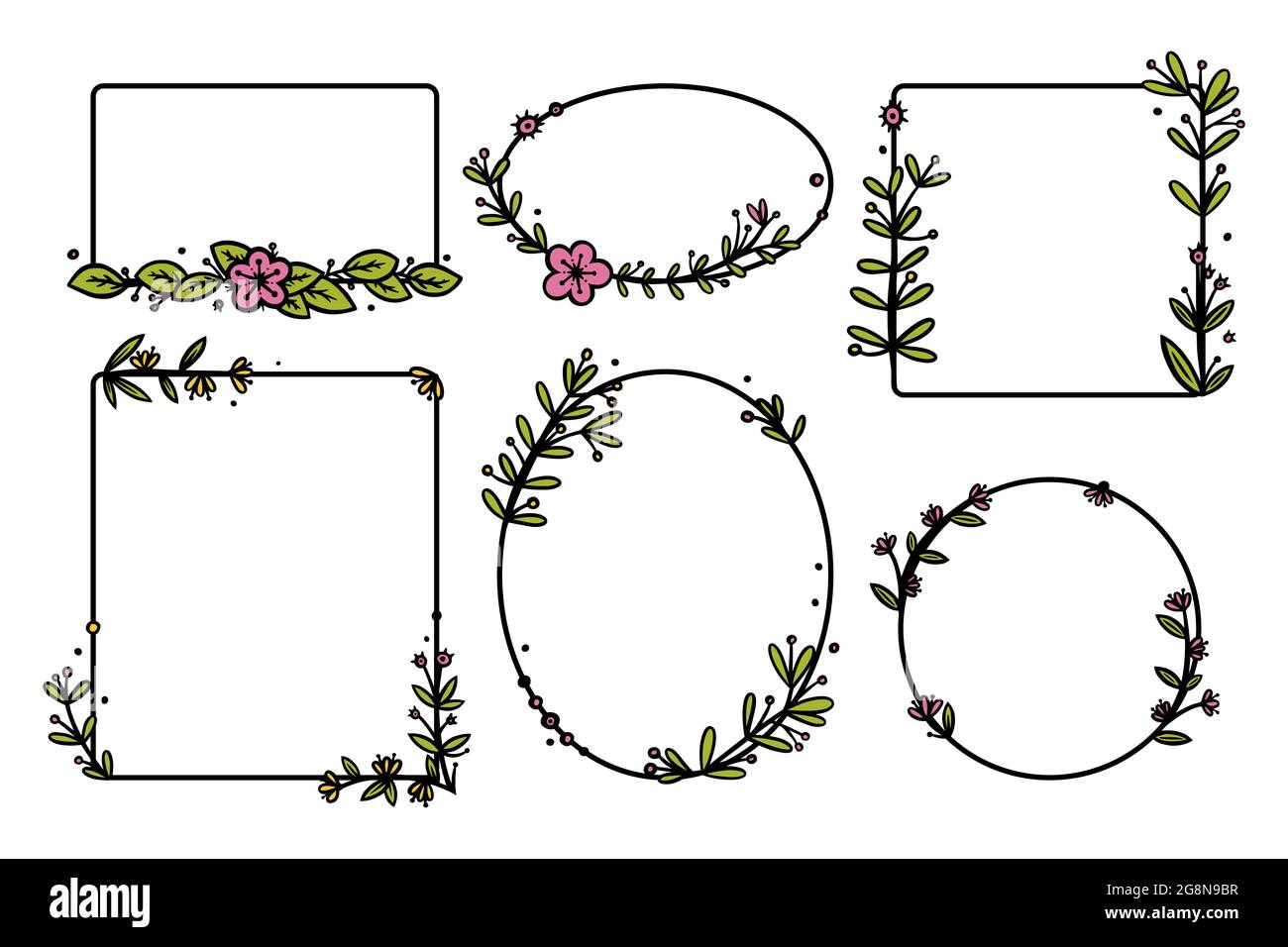 Rustic wreaths dividers with handdrawn flowers. Rectangle and circle ...