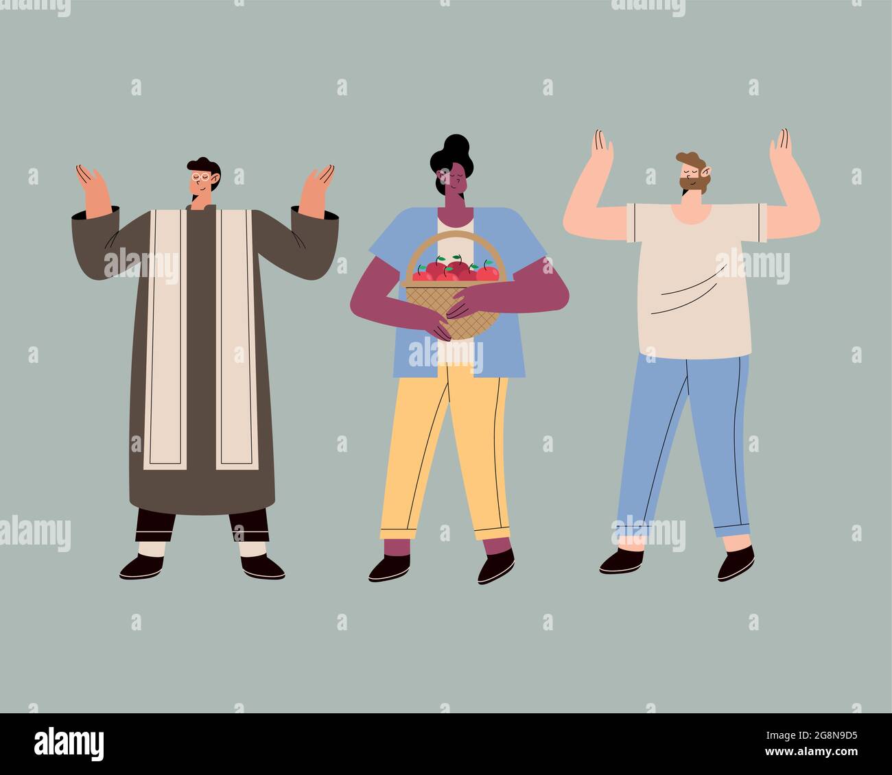 men and priest with hands up praising on white background Stock Vector ...