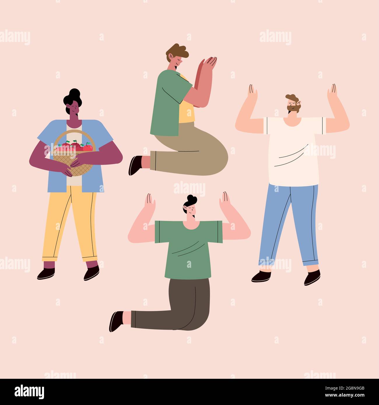 men set with hands up praising on white background Stock Vector Image ...