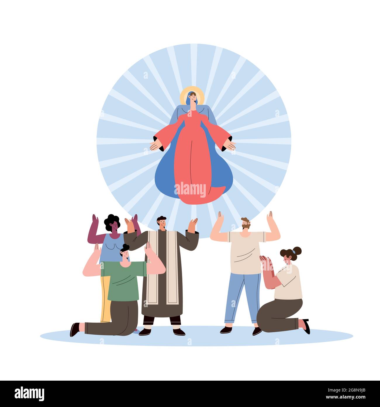 Assumption of Mary and people praising on white background Stock Vector ...