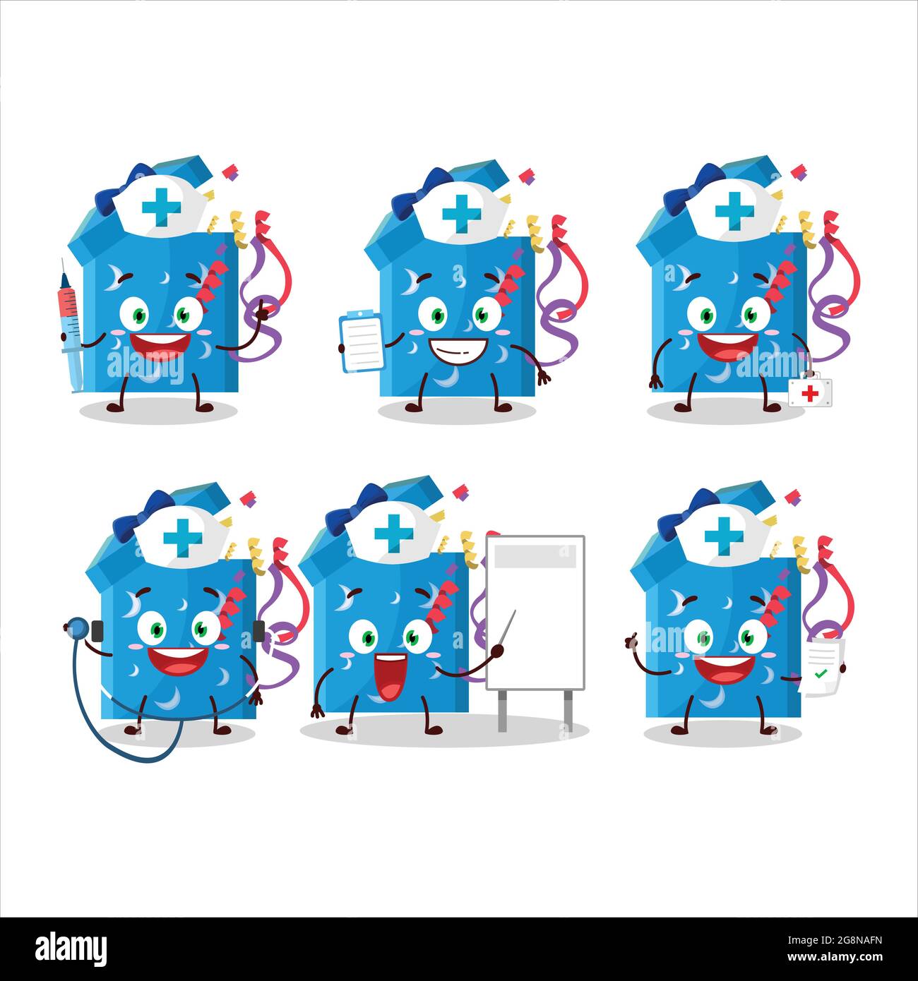Doctor profession emoticon with open magic gift Box cartoon character ...
